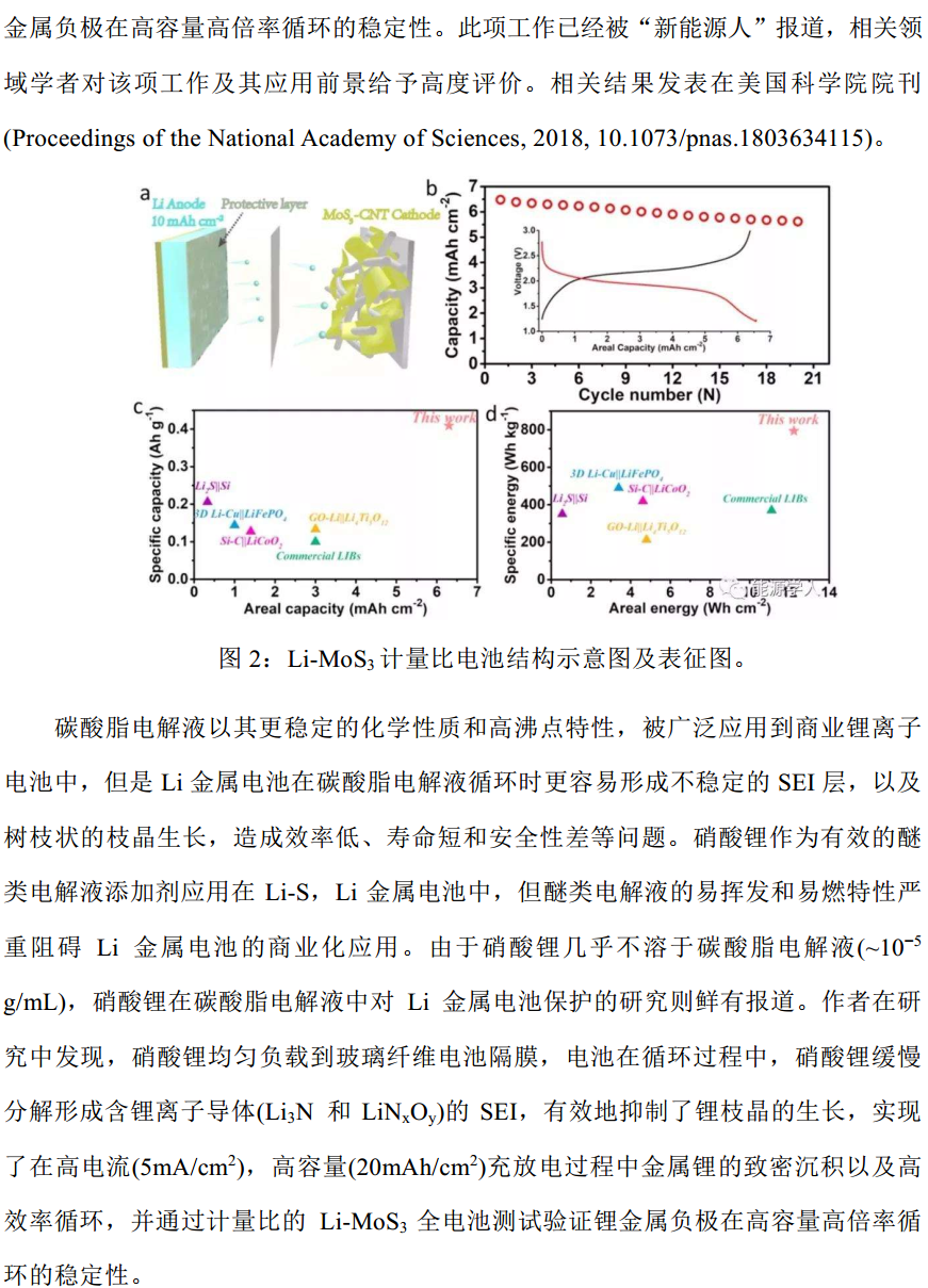 PNAS：缓释LiNO3实现碳酸脂电解液中锂金属的深度循环